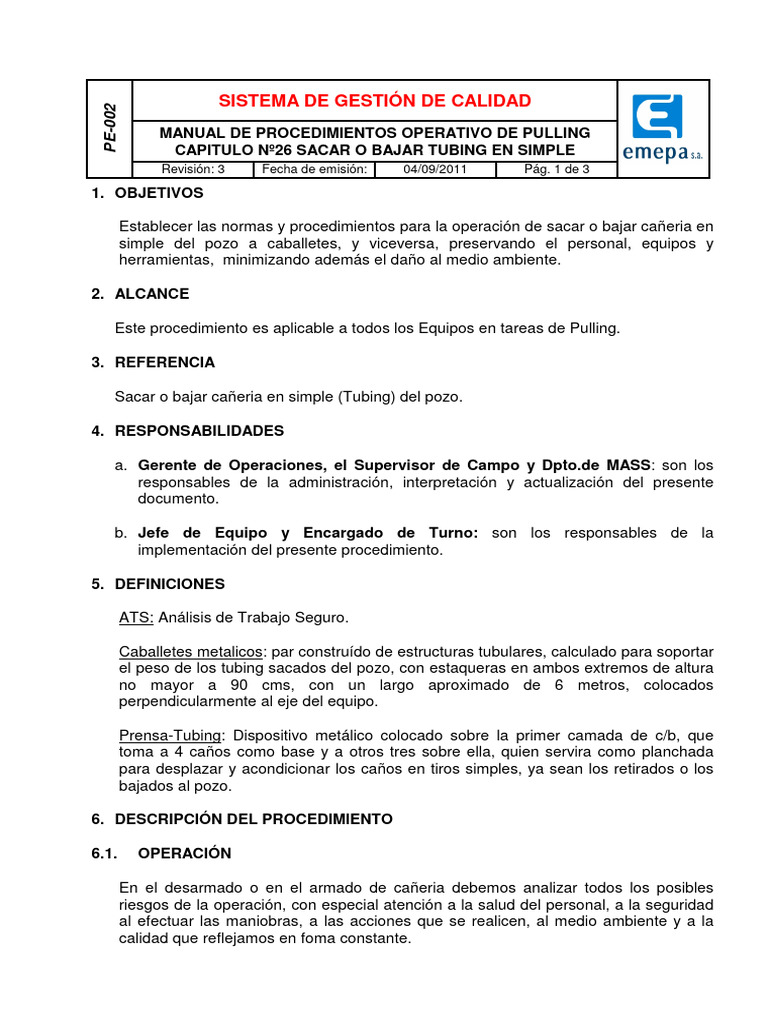 Procedimiento Pulling: Tubing Simple | PDF