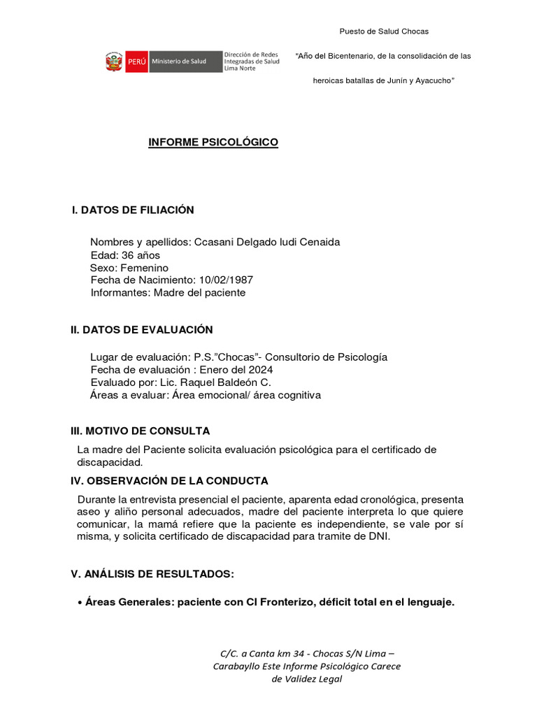 INFORME PSICOLÓGICO Final | PDF | Sicología | Conceptos psicologicos