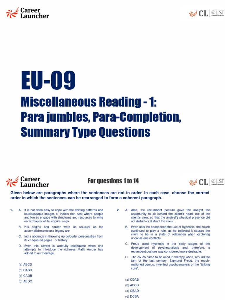 Para Jumbles, Para-Completion, Summary Type Questions | PDF