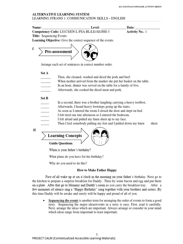 English Sequencing Activities for ALS | PDF
