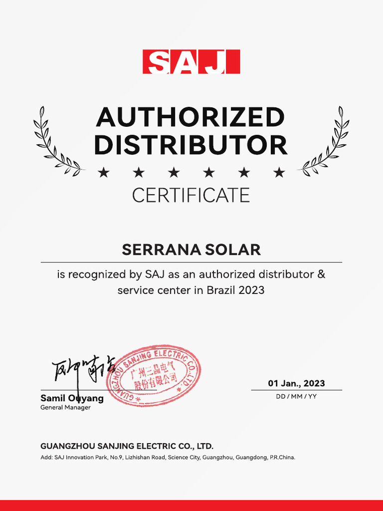 01 SAJ Serrana Solar Certificate 2023 | PDF