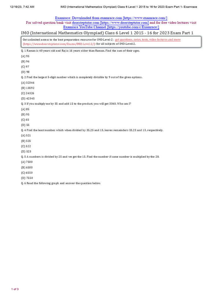 IMO Level 2 Class 6 Paper 2015 2016 Part 1 | PDF | Mathematics