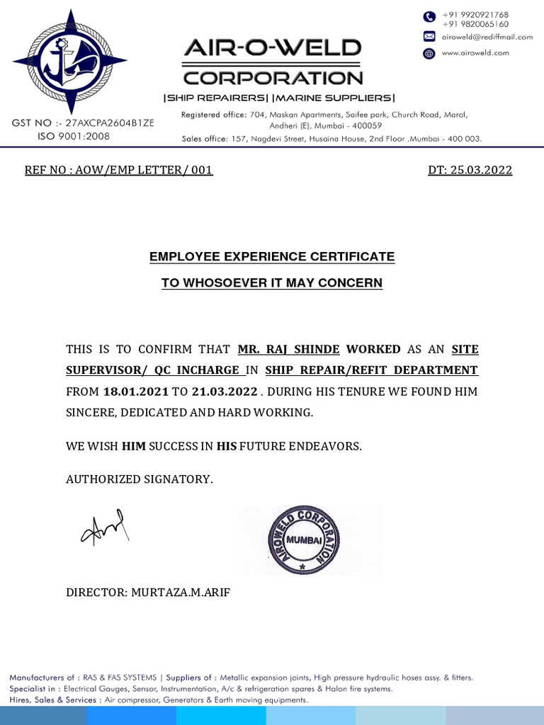 Site Supervisor Experience Certificate | PDF | Finance & Money ...