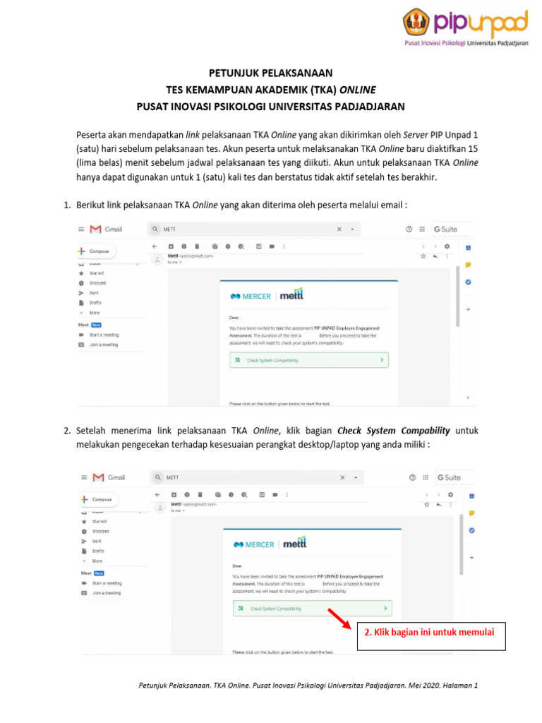 Petunjuk Pelaksanaan TKA Online. PIP Unpad | PDF