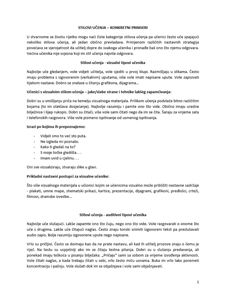 Stilovi Učenja - Konkretni Primjeri | PDF