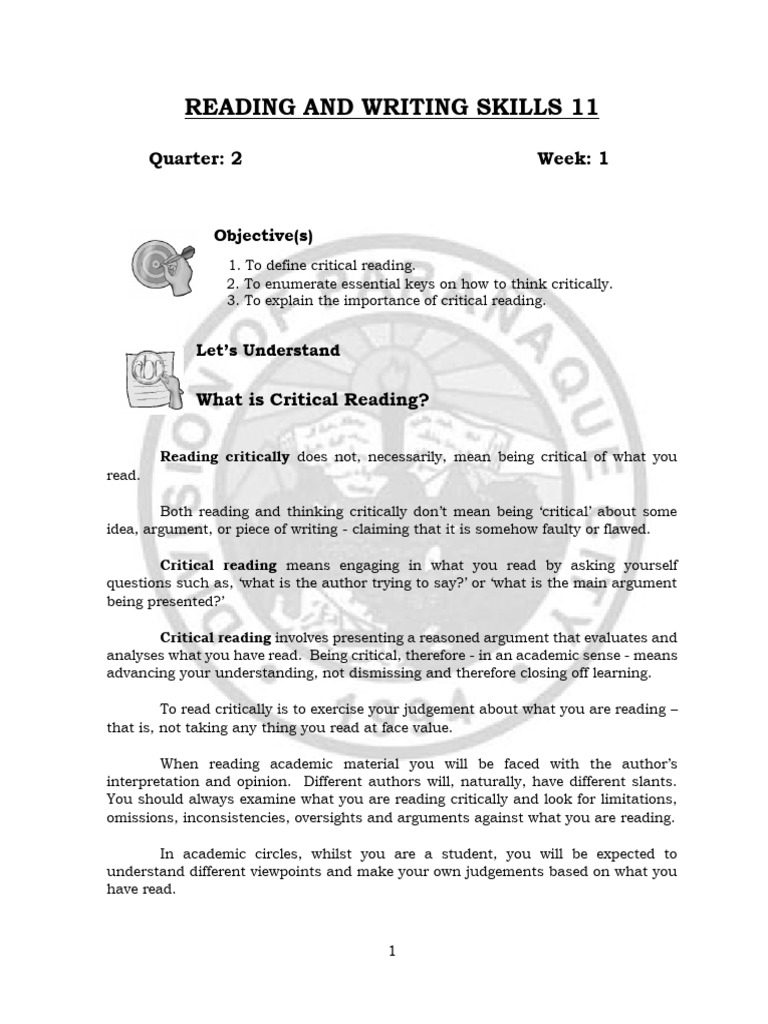 Critical Reading and Thinking Skills | PDF | Thought | Critical Thinking