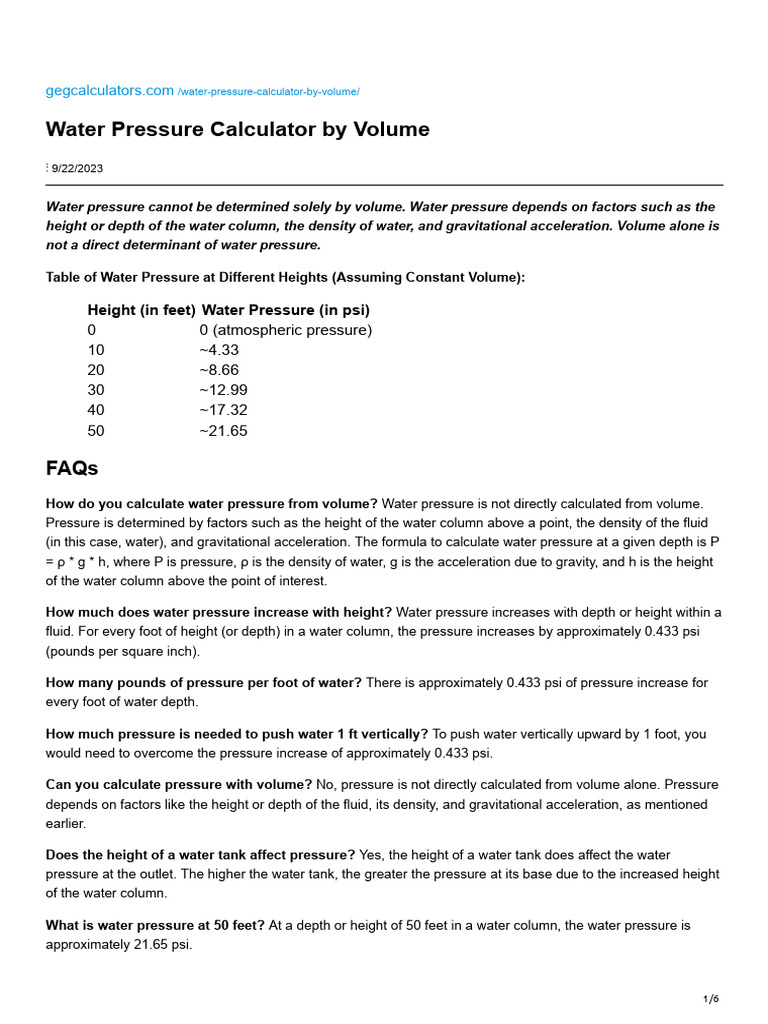 Water Pressure Calculator by Volume | PDF | Pressure | Gases