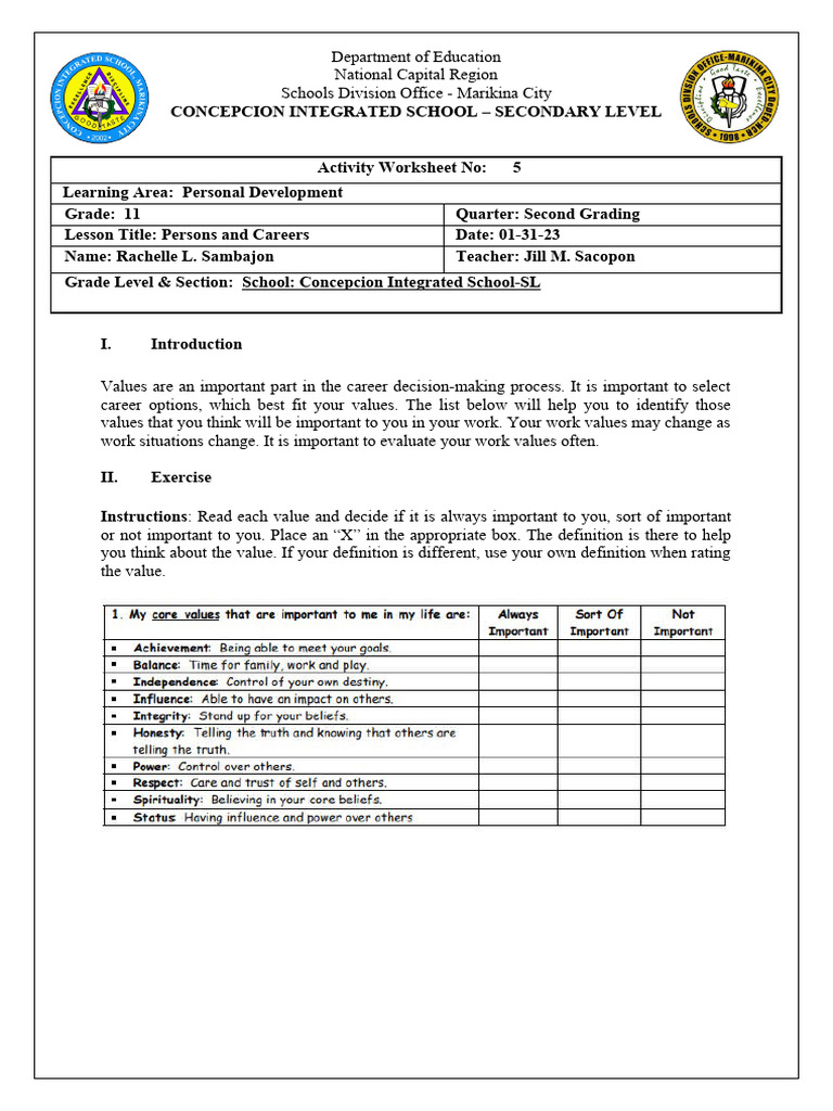 Career Values Worksheet for Grade 11 | PDF