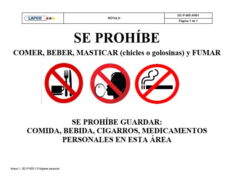 GC-E-003 Rótulo Se prohibe comer, beber, fumar, masticar (chicle o ...
