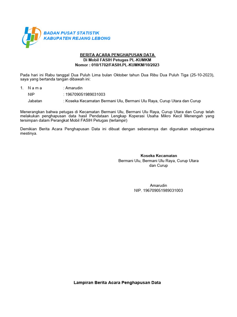 Berita Acara Penghapusan Data PL-KUMKM | PDF