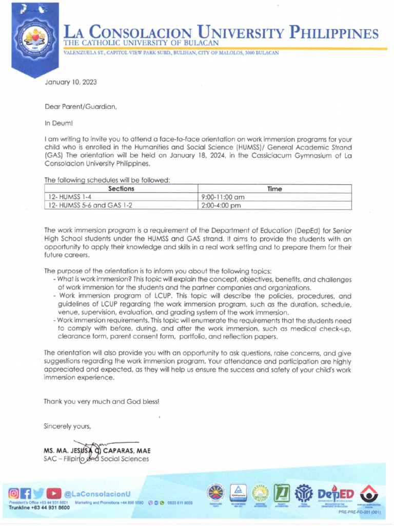 Letter To Parents Work Immersion Orientation | PDF