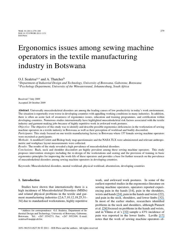 Ergonomics Issues Among Sewing Machine o | PDF | Human Factors And ...