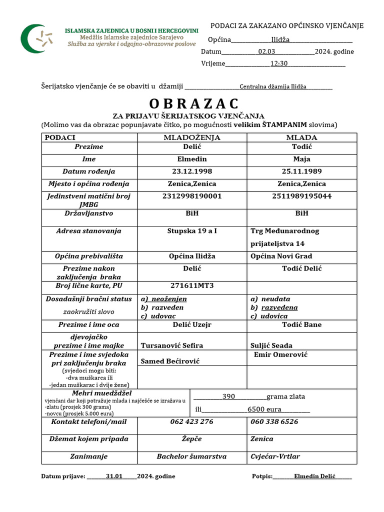 Prijava Serijatskog Vjencanja 2024 | PDF