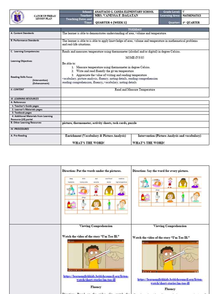 DLL - MATH-5 - Q4 - W5-Catch-Up-Friday Vanessa F. Dagatan | PDF | Reading Comprehension ...