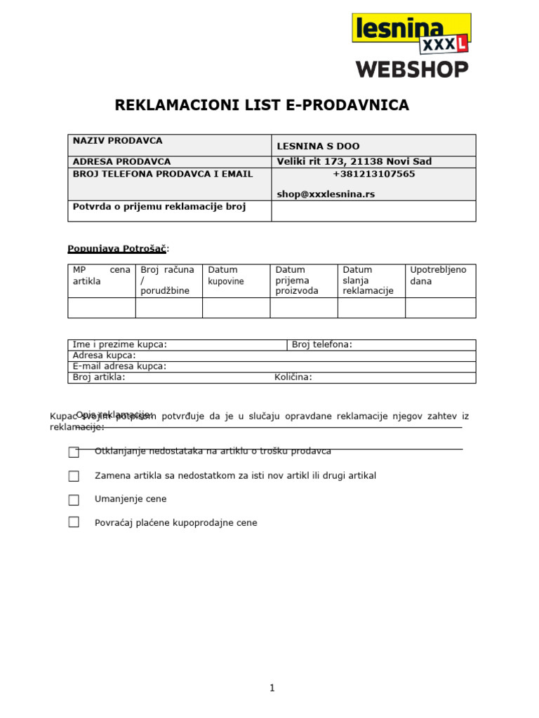 Obrazac-Reklamacionog-Lista - E-Prodavnica Lesnina S 2024 PDF | PDF
