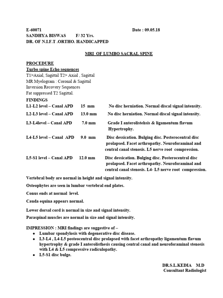 Dr. S.N. Kedia Mri Report of 9.05.18 May | PDF | Vertebral Column ...