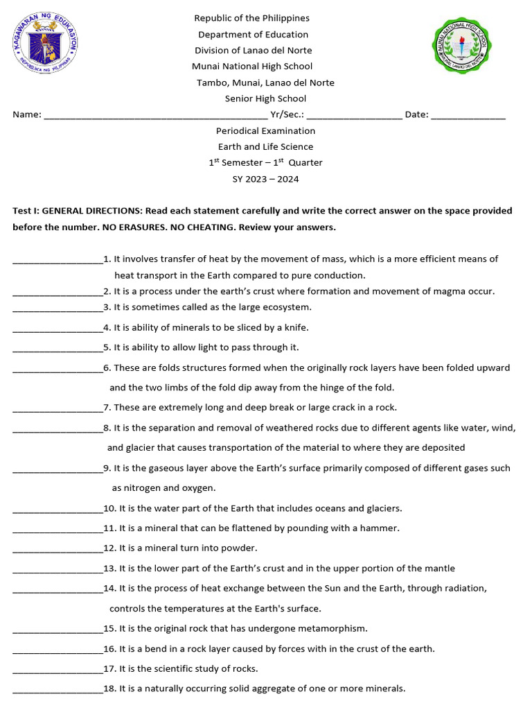 1st Quarter Exam 2023 2024 A | PDF