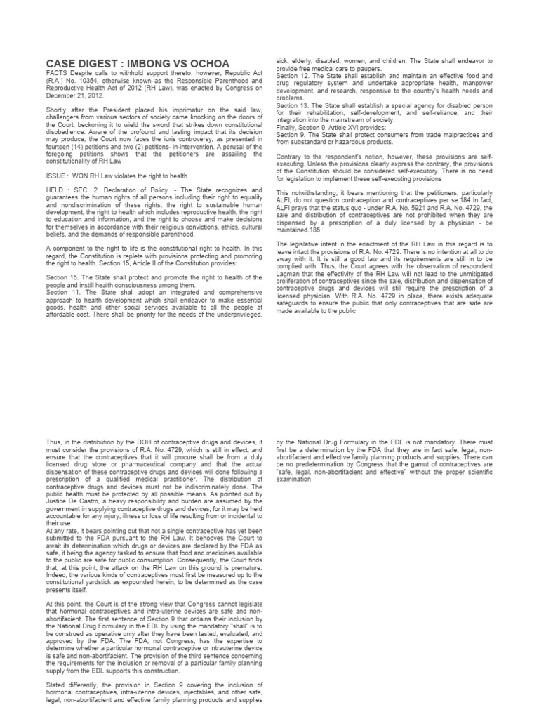 Imbong v. Ochoa Case Digest | Download Free PDF | Food And Drug ...