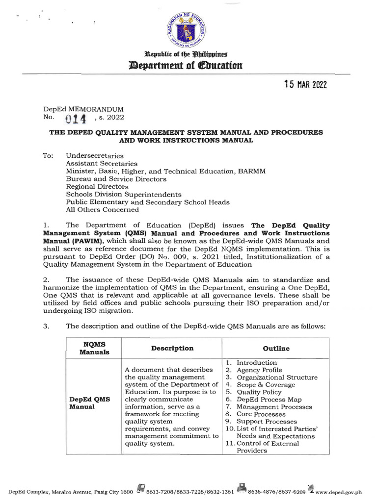 DM - s2022 - 014 (The DepEd QMS Manual and PAWIM) | PDF