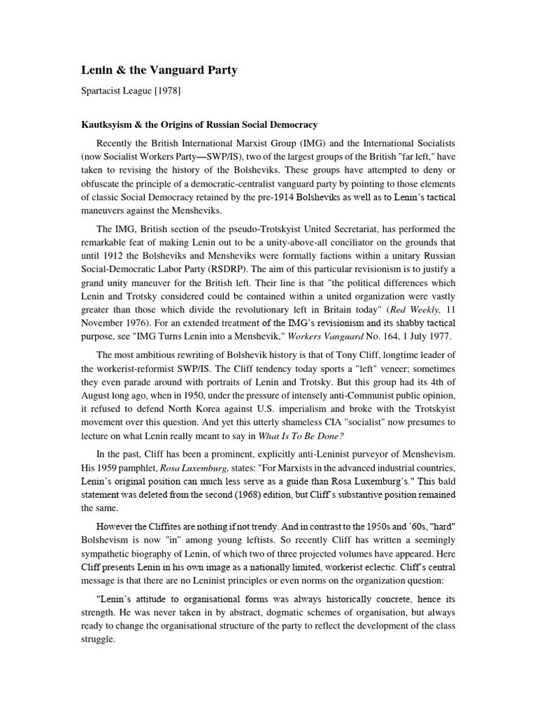 Spartacist League Lenin and The Vanguard Party 1978 James Robertson in ...