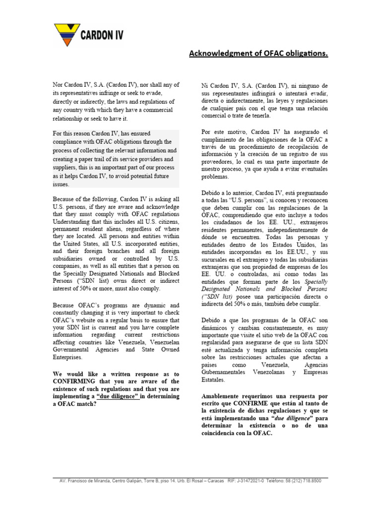 Apendice 08.4 - Acknowledgment of OFAC Obligations (30.05.2019) V1 | PDF