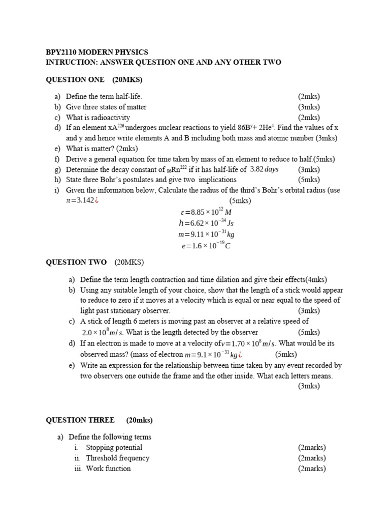 Modern Physics Exam Questions | PDF | Nuclear Chemistry | Nature