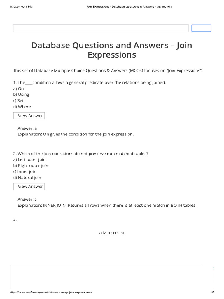 Join Expressions - Database Questions & Answers - Sanfoundry | PDF | Databases | Relational Model