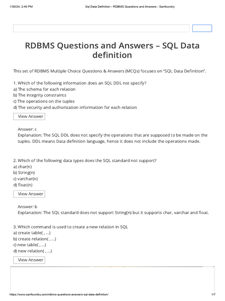 SQL Data Definition - RDBMS Questions and Answers - Sanfoundry | PDF | Relational Database | Sql