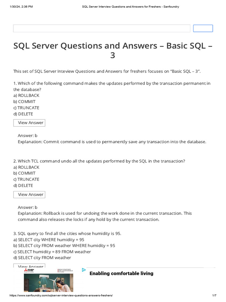 SQL Server Interview Questions and Answers For Freshers - Sanfoundry | PDF | Microsoft Sql ...