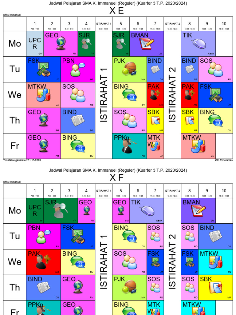 Jadwal Seluruh Kelas T.P. 2023 2024 (Revisi Januari 2024) | PDF