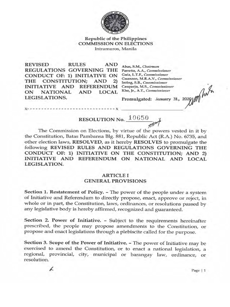 COMELEC Resolution No. 10650 s2020 | PDF