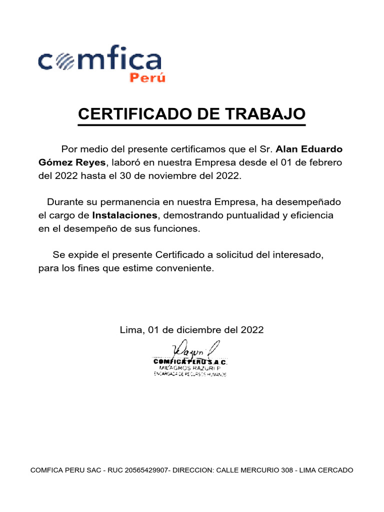 Certificado de Trabajo Alan Gomez | PDF