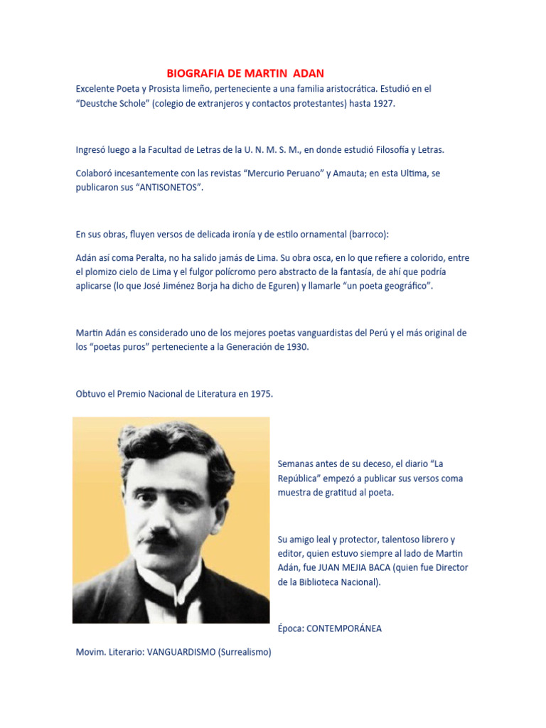 Biografia de Martin Adan Excelente Poeta y Prosista Limeño | PDF