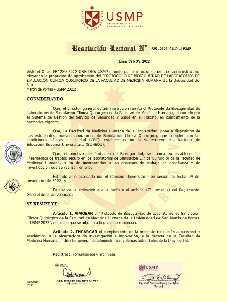 r.r.885 2022 Cu R Usmp Protocolo de Bioseguridad LSCQ FMH | PDF ...