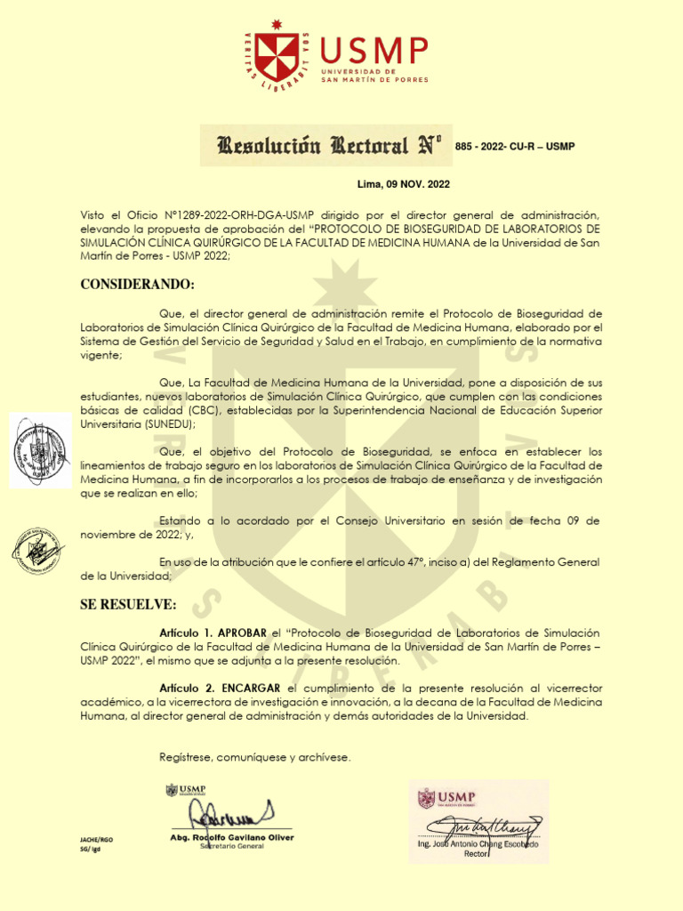 R.R.885 2022 Cu R Usmp Protocolo de Bioseguridad LSCQ FMH | PDF ...