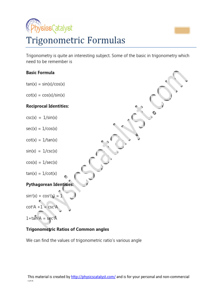 Trigonometry-Formulas | PDF | Trigonometric Functions | Trigonometry