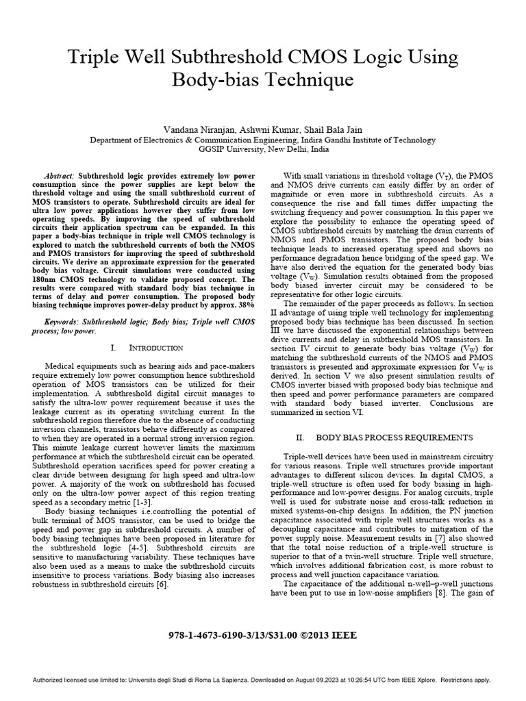 Triple Well Subthreshold CMOS Logic Using Body-Bias Technique | PDF | Cmos | Mosfet