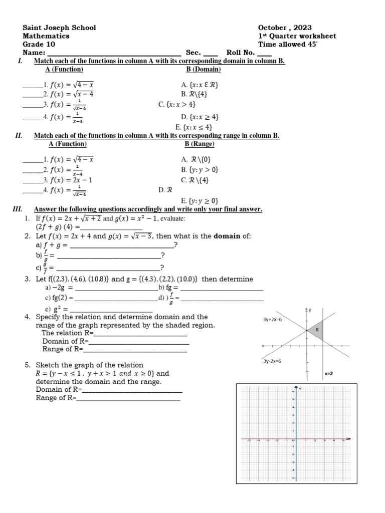 MATHEMATICS GRADE 10 Worksheet On Relations and Functions | PDF ...