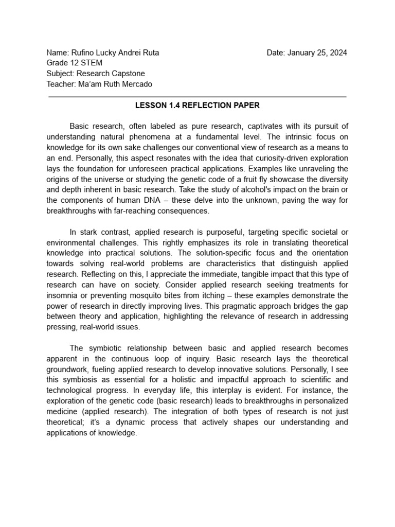 Ruta's Lesson 1.4 Reflection | PDF | Theory | Basic Research