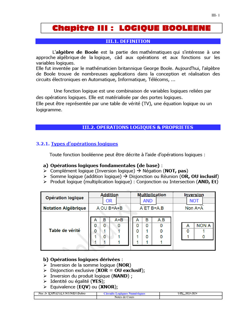 3 - Circuits Logiques - Dubois2024 | PDF | Algèbre de Boole (logique ...