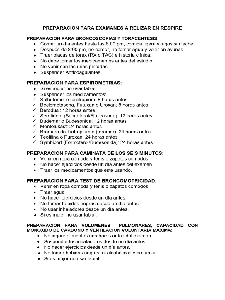 Preparacion para Bronco, Espiro, Caminata, Test, VLPM, Dlco, VVM | PDF