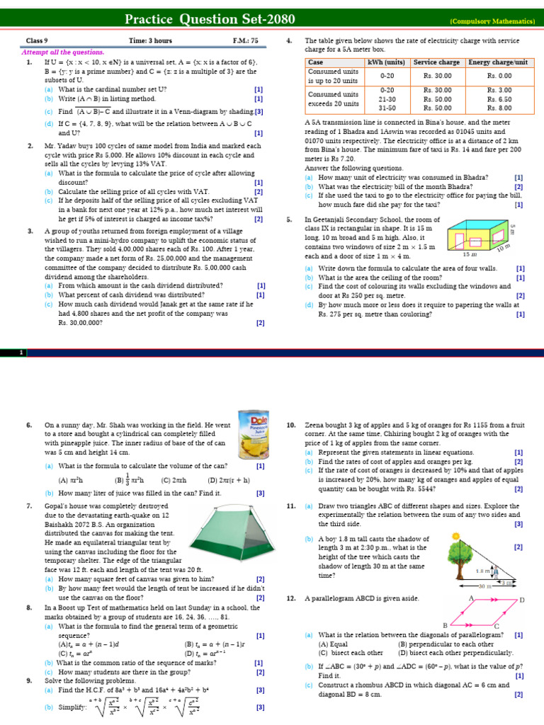 Class - 9 - C - Math Practice Set 1 2080 | PDF | Electricity | Electrical Engineering