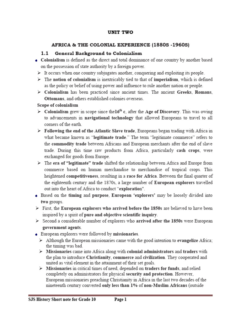 History Shorte Note for Grade 10 (Unit Two) | PDF | Colonialism | Africa