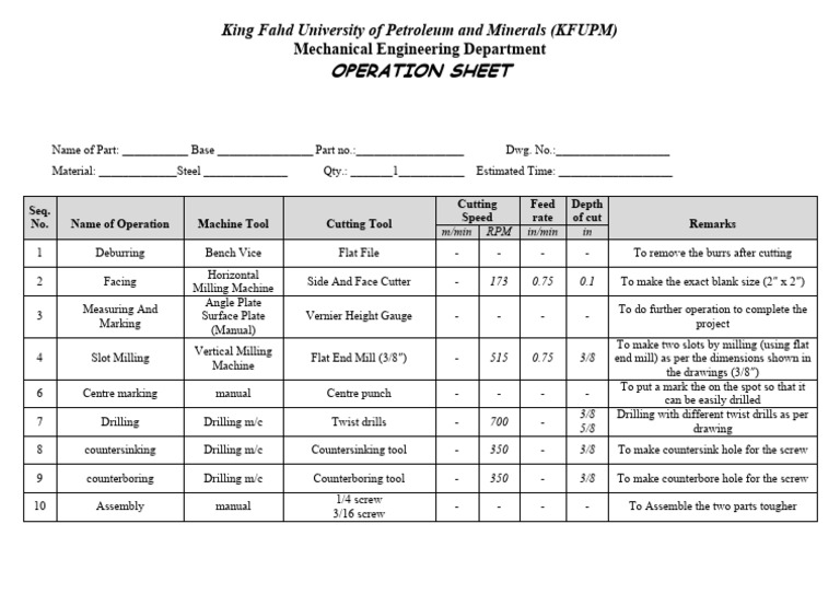 Milling Operation Sheet Example | PDF | Drilling | Metalworking