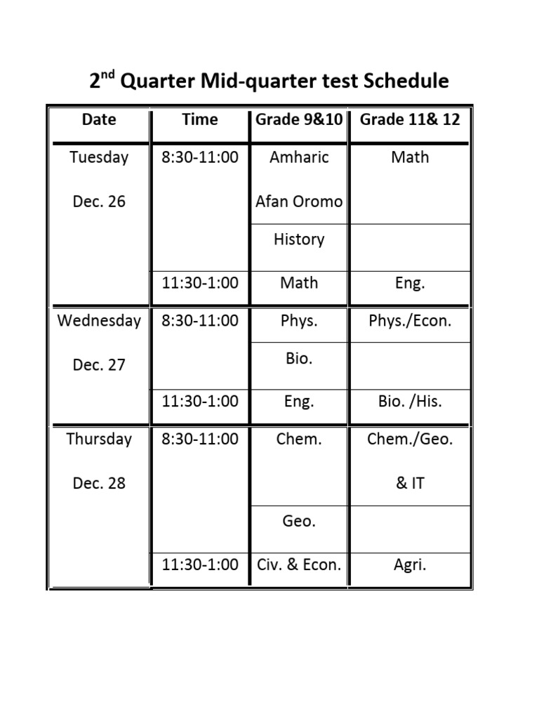 2 Quarter Mid-Quarter Test Schedule: Date Time Grade 9&10 Grade 11& 12 ...