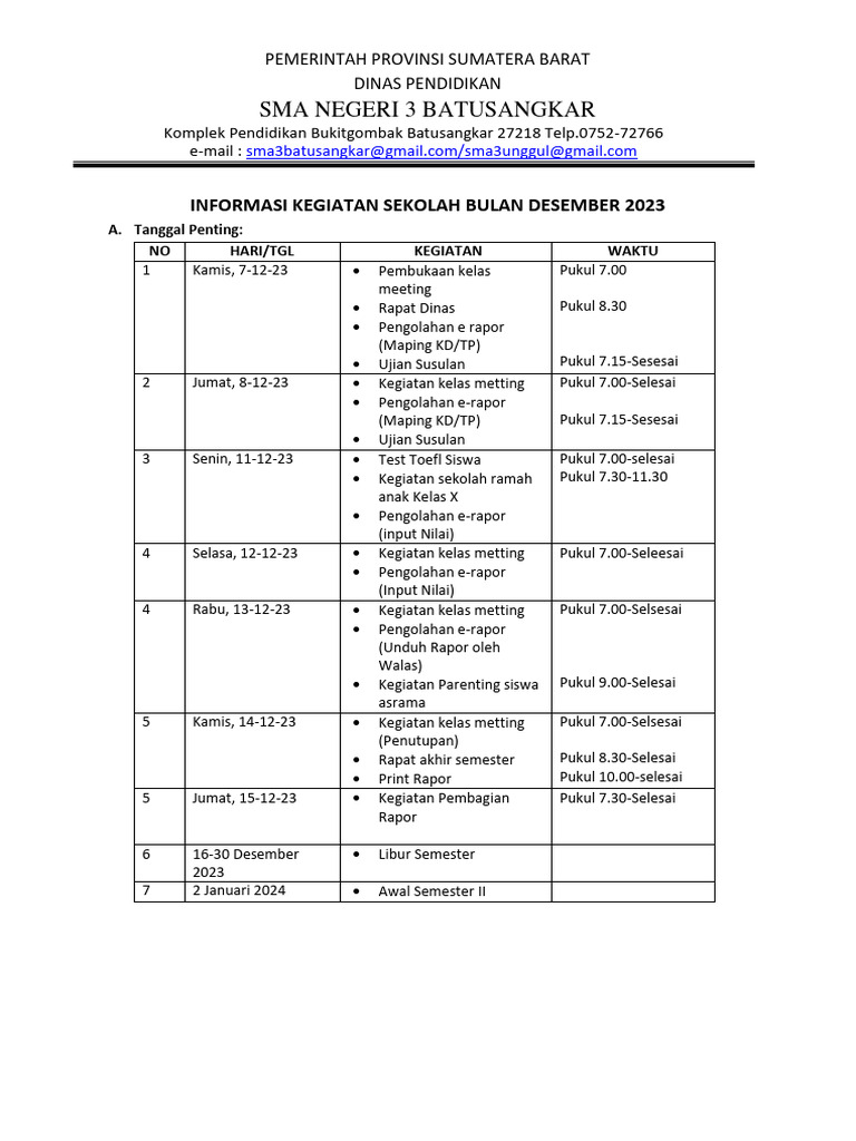 Informasi Kegiatan Sekolah Bulan Desember | PDF