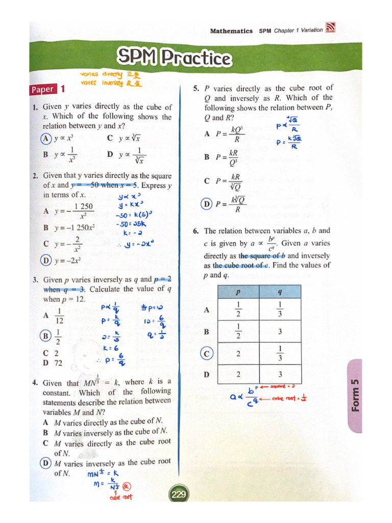 (Answer) SPM Maths Form 5 CHP 1 Variation | PDF