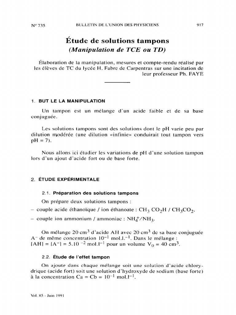 Étude de Solutions Tampons: (Manipulation de Tce Ou TD) | PDF ...