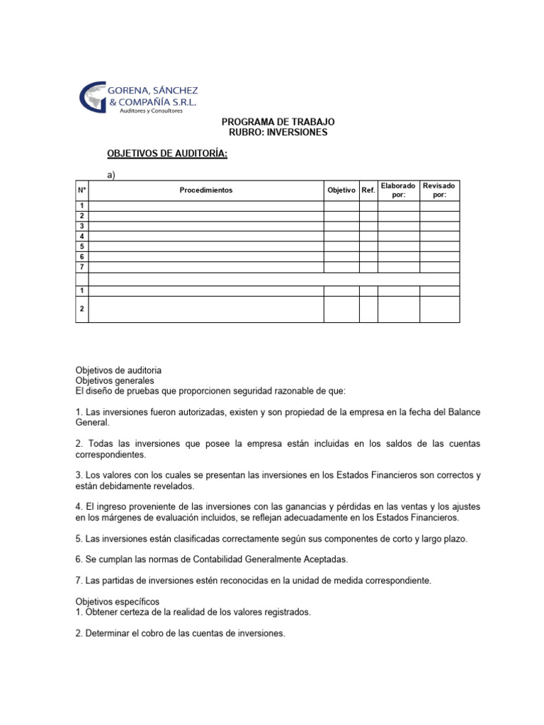 PROGRAMA DE TRABAJO - INVERSIONES | PDF | Auditoría | Estado financiero