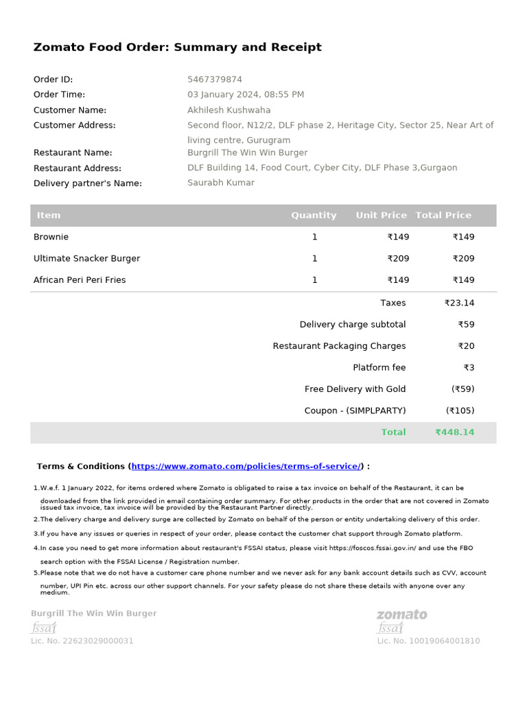 Zomato Food Order: Summary and Receipt: Item Quantity Unit Price Total Price | PDF | Business